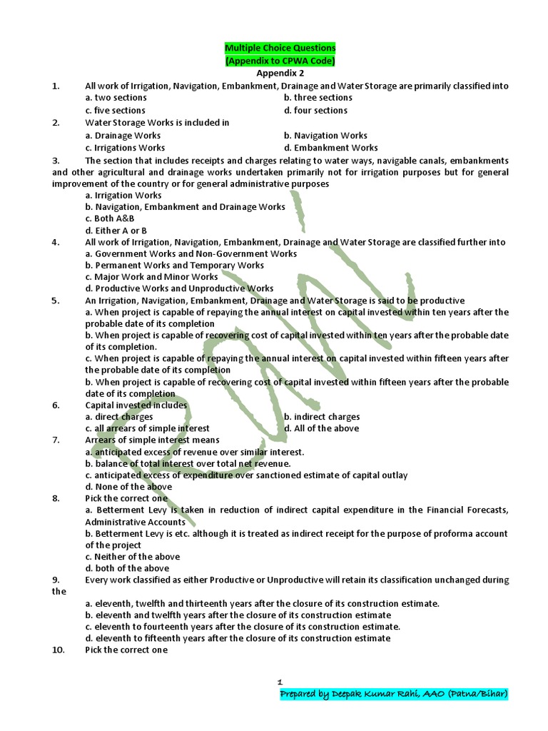 Multiple Choice Questions (Appendix To CPWA Code) Appendix 2 | PDF | Canal | Debits And Credits