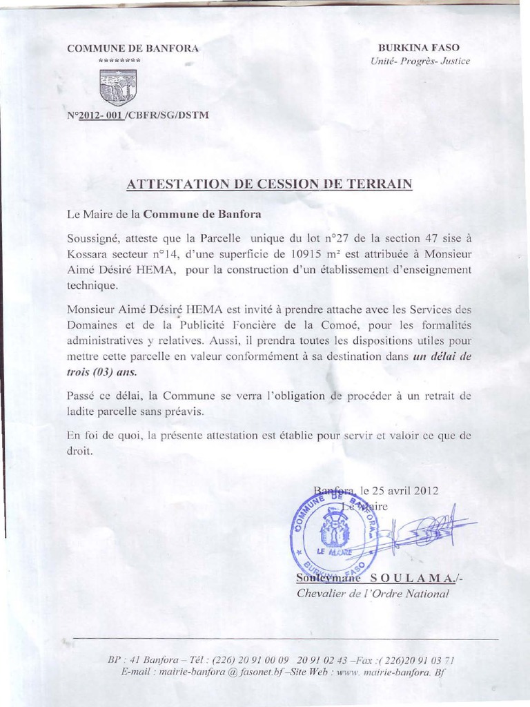 Cession Terrain Banfora1 | PDF