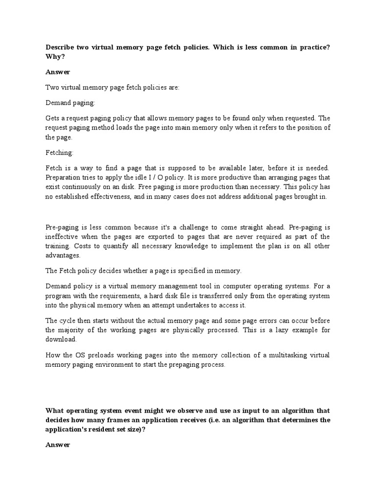 Describe Two Virtual Memory Page Fetch Policies | PDF