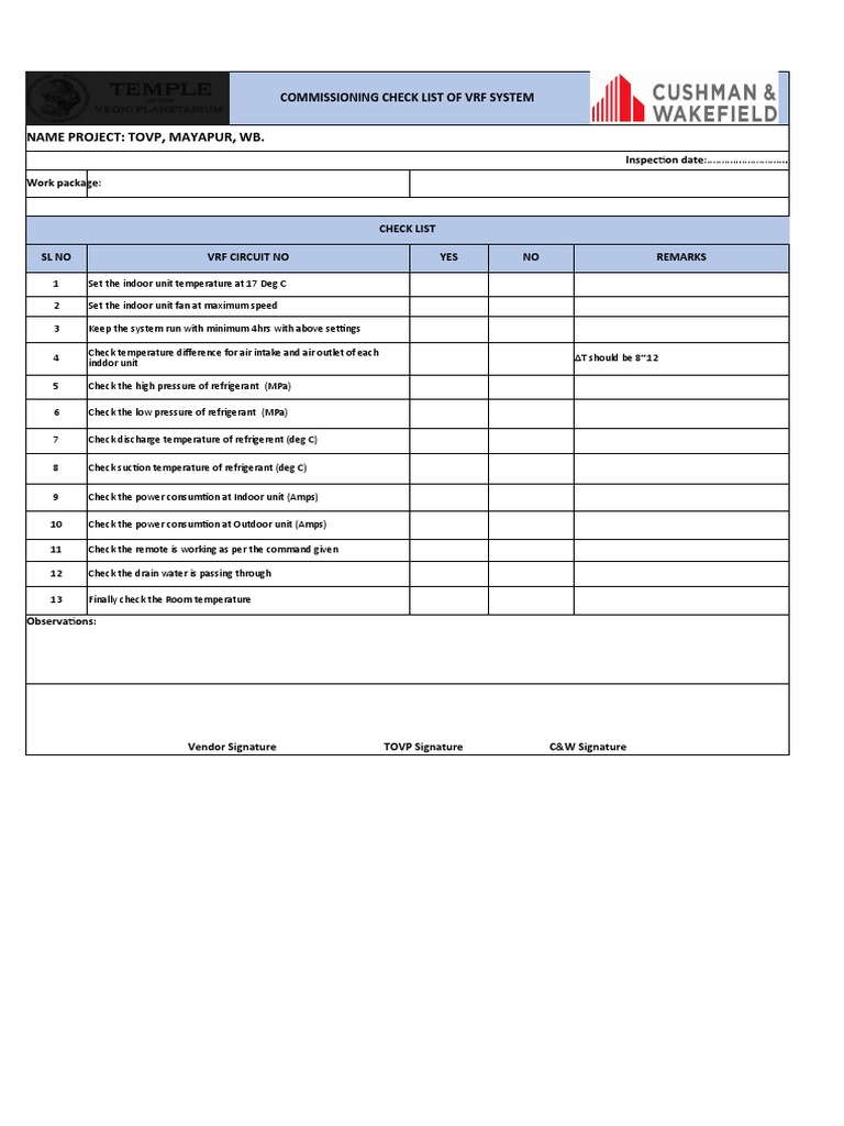 VRF System Commissioning Checklist | PDF