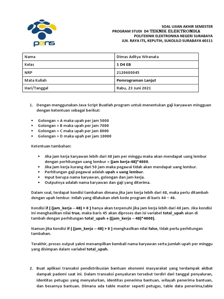 1D4EB 045 DIMASAW UAS Pemrograman Lanjutan | PDF | Metode & Bahan Ajar | Komputer