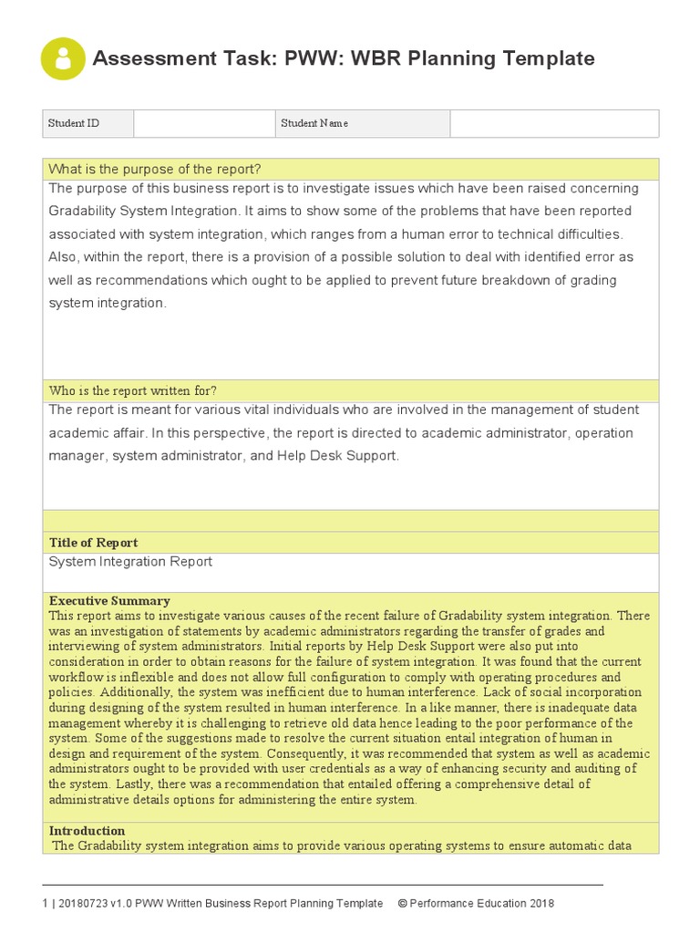 Assessment Task: PWW: WBR Planning Template: Student ID Student Name ...