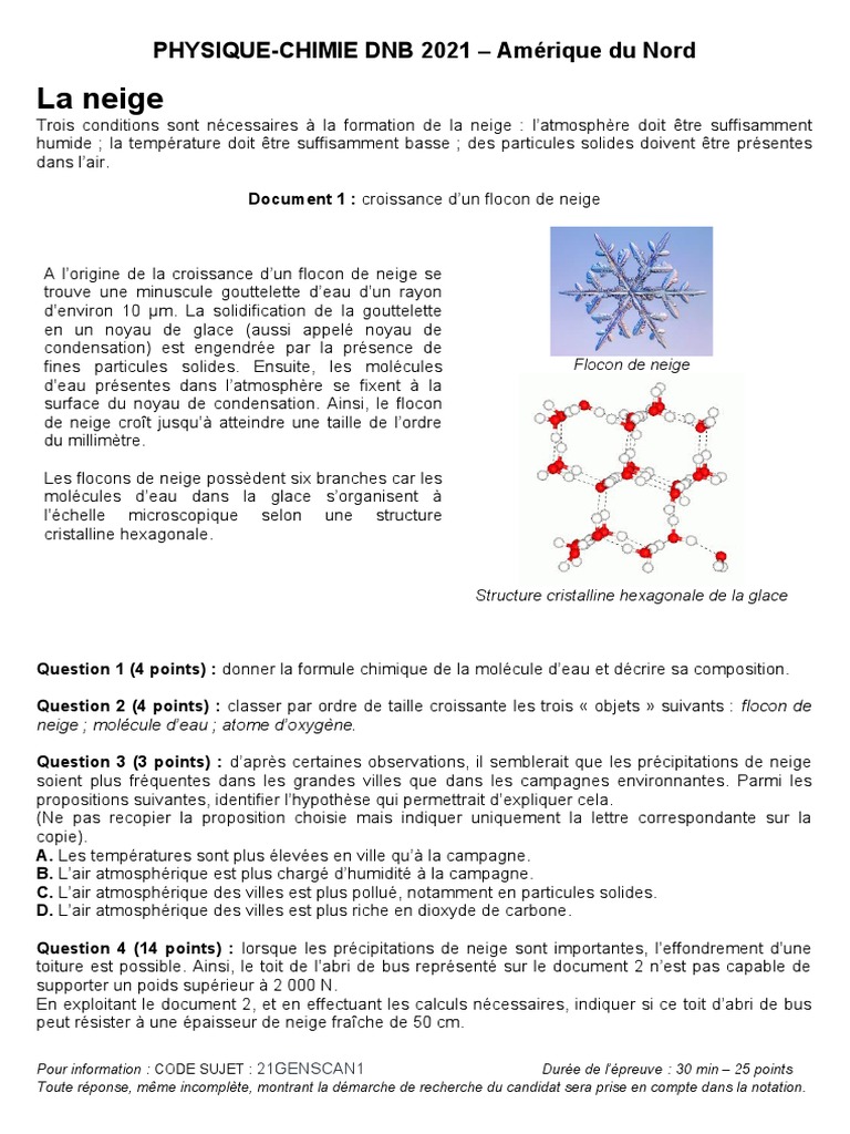 Physique-Chimie DNB 2021 - Amerique Du Nord | PDF | Neige | Glace