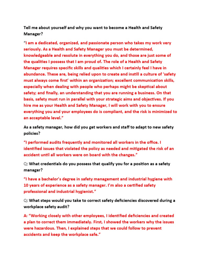 Interview Questions For Health and Safety Manager | PDF | Occupational ...
