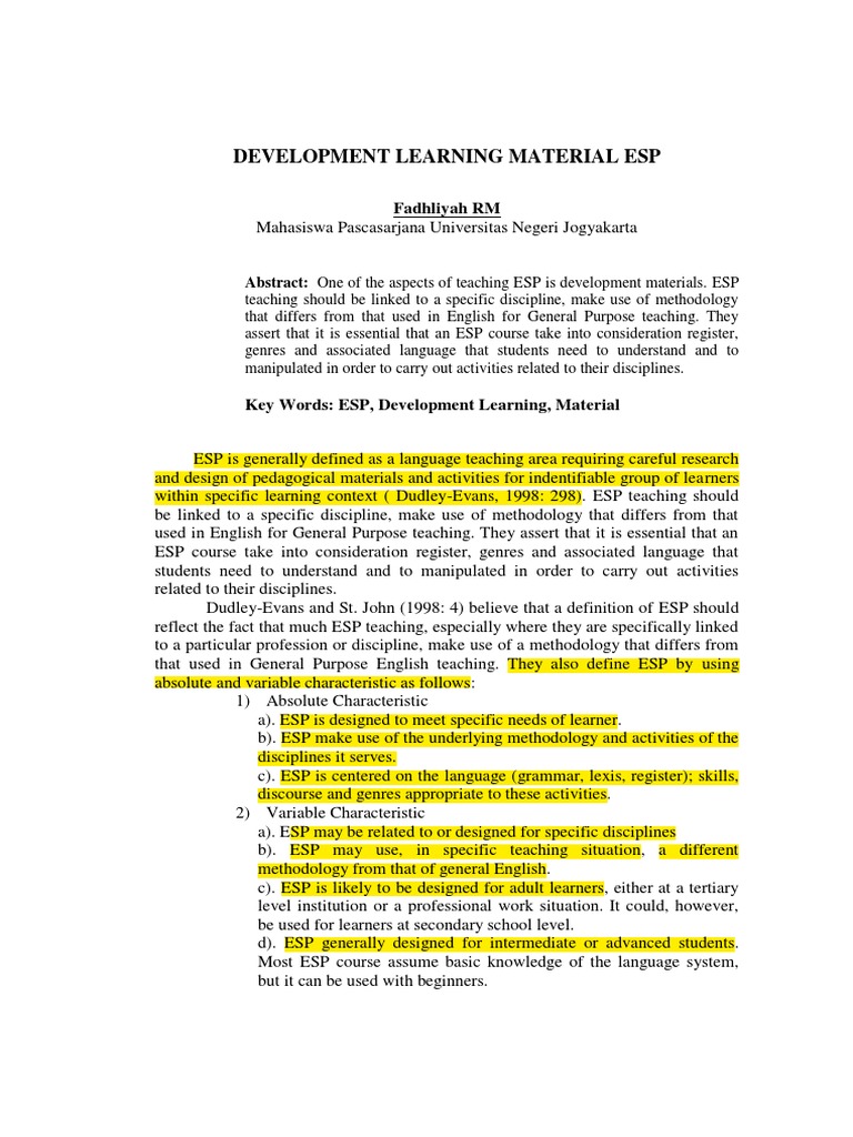 Development Learning Material Esp | PDF | Second Language | Learning