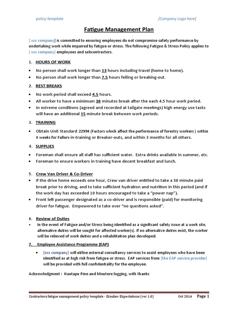 Contractors Fatigue Management Policy Template 2014 | PDF | Logging ...