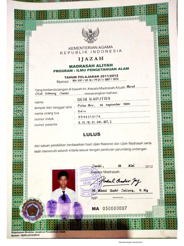 Ijazah SMA Deri Saputra | PDF