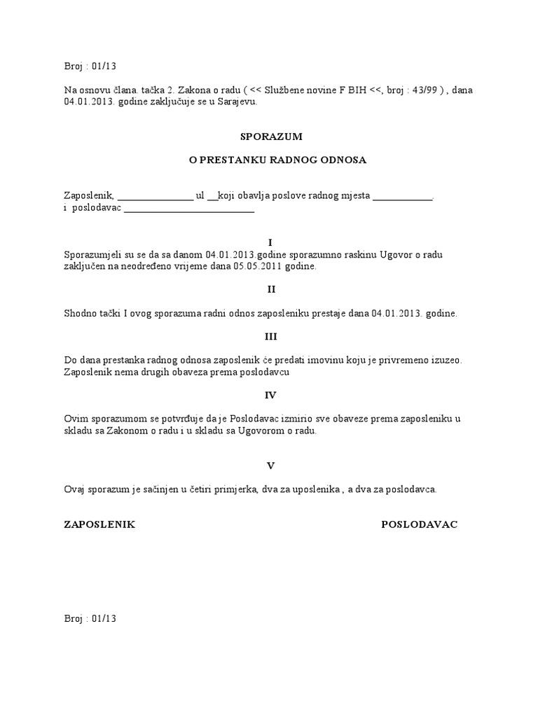 Primjer Sporazumnog Raskida Ug | PDF