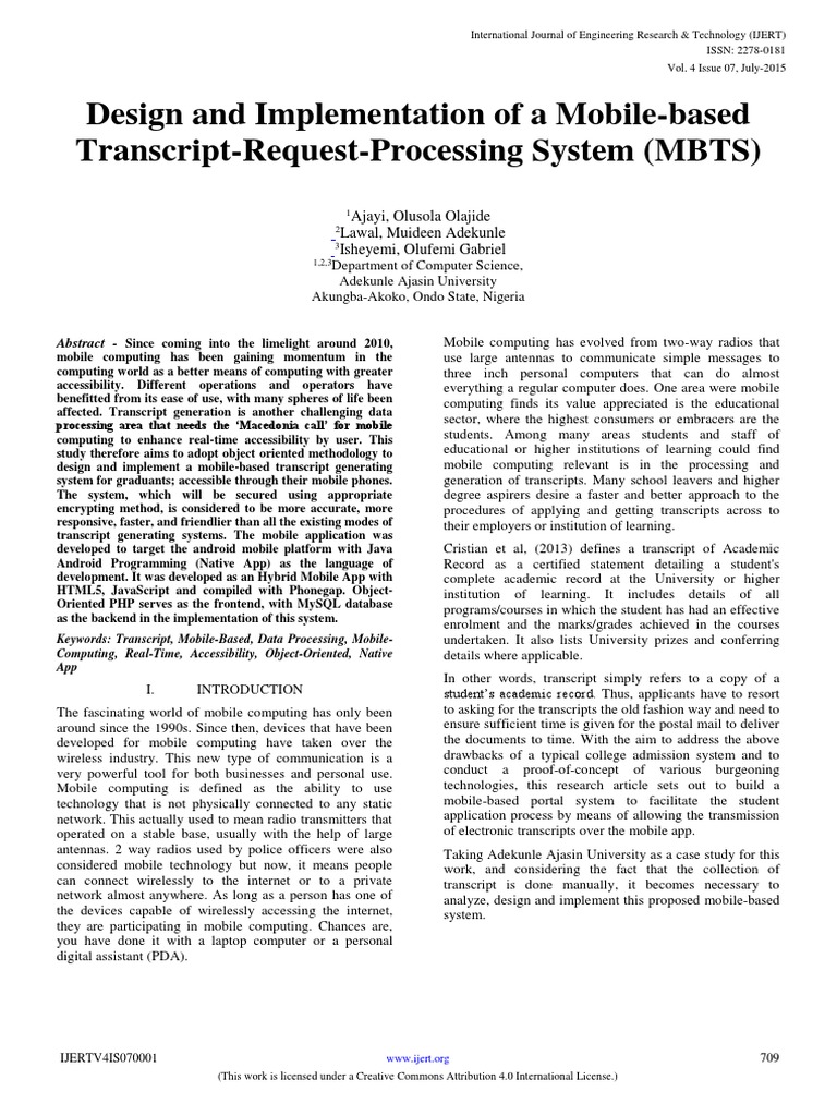 Design And Implementation Of A Mobile Based Transcript Request Processing System Mbts