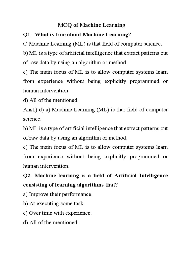 MCQ of Machine Learning | PDF | Artificial Neural Network | Machine Learning
