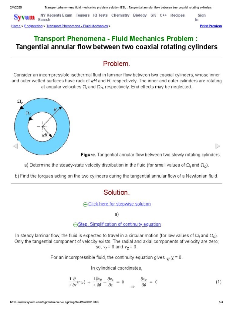 Transport Phenomena - Fluid Mechanics Problem:: Tangential Annular Flow Between Two Coaxial ...