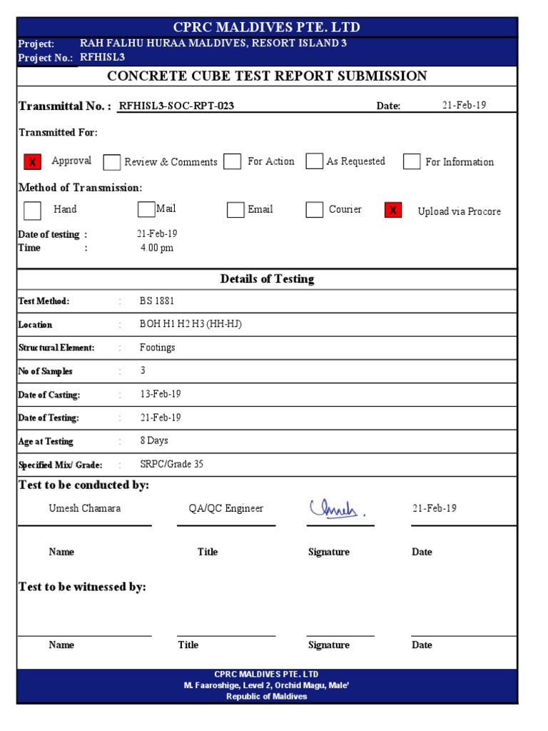 Concrete Cube Test Report Submission: CPRC Maldives Pte. LTD | PDF