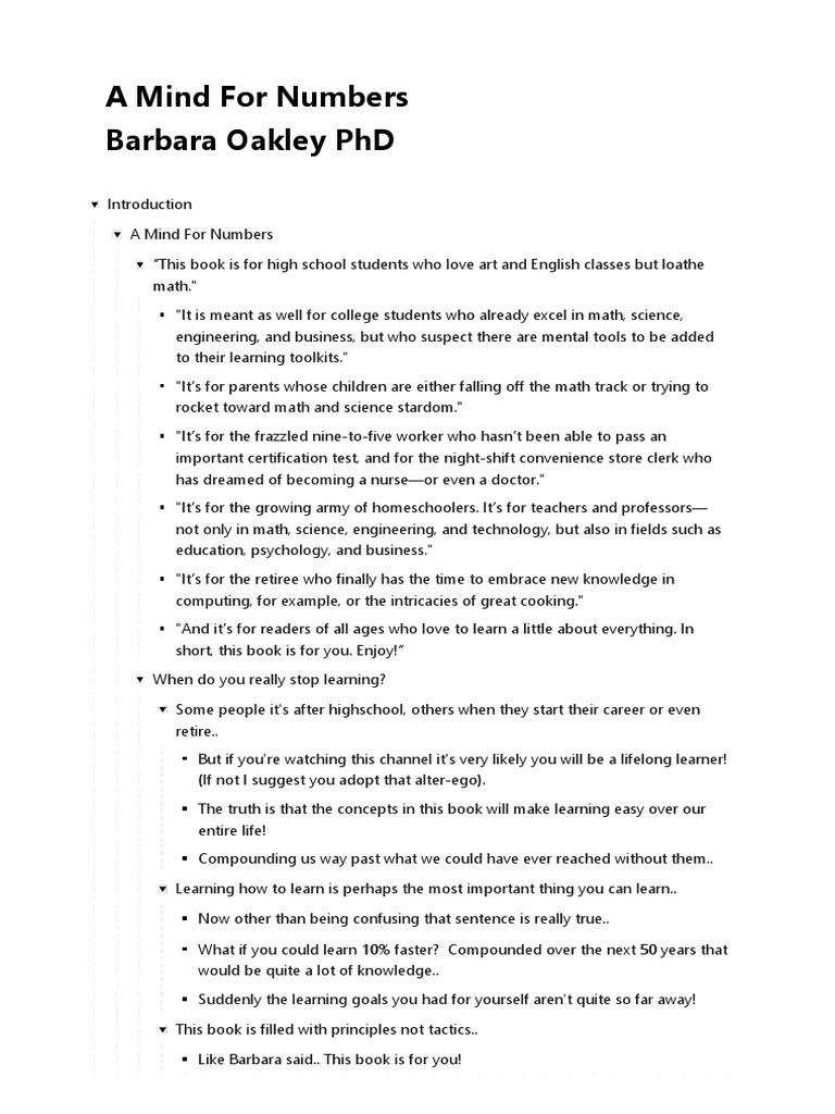 A Mind For Numbers Barbara Oakley PHD | PDF | Memory | Understanding