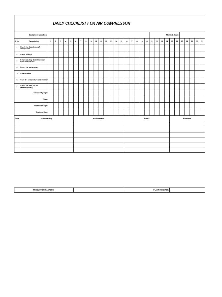 Daily Checklist For Air Compressor | PDF
