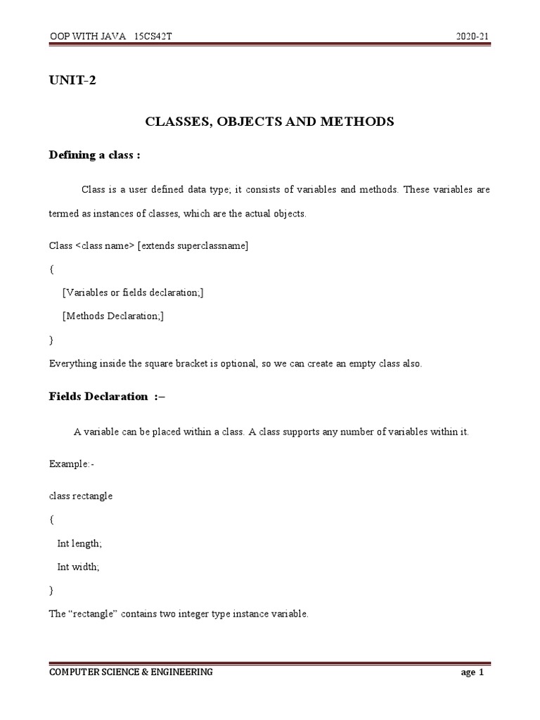 Unit 2 Classes Objects And Methods Pdf Method Computer Programming Inheritance Object 6940