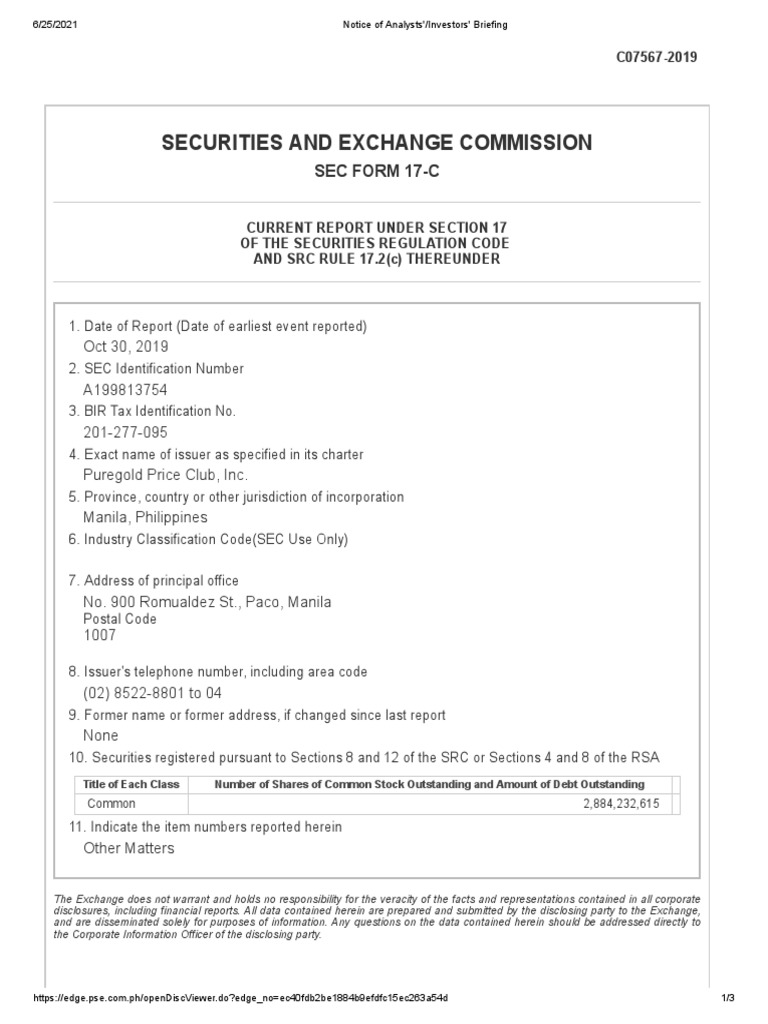 Puregold Q3 2019 Investor Briefing Notice | PDF | Securities (Finance ...