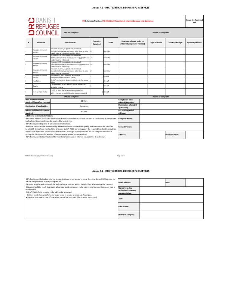 DRC Internet Services Technical Bid Form | PDF | Internet Service ...