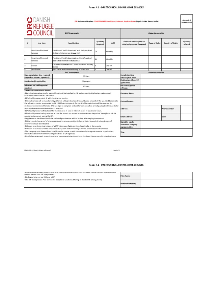 Annex A.1 - DRC Technical Bid Form For Services: DRC To Complete Bidder ...