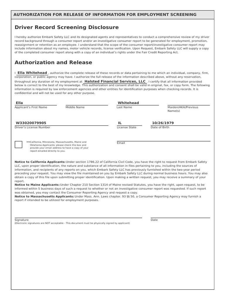 Driver Record Screening Disclosure: Authorization For Release of ...
