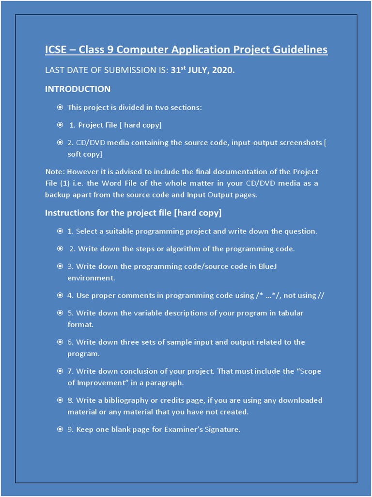ICSE - Class 9 Computer Application Project Guidelines: Last Date of Submission Is: 31 | PDF ...