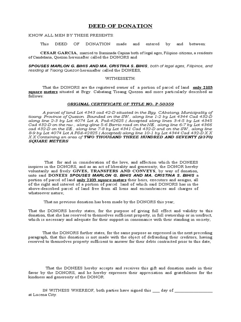 Deed of Donation | PDF | Property Law | Civil Law (Common Law)