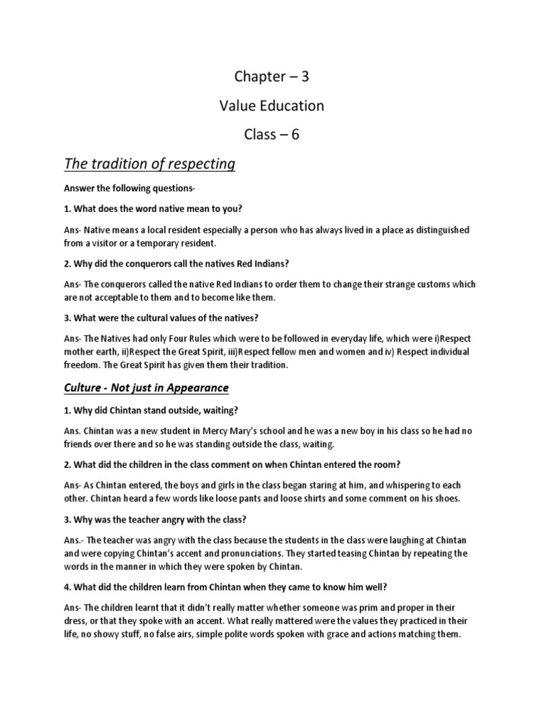 The Tradition of Respecting: Chapter - 3 Value Education Class - 6 ...