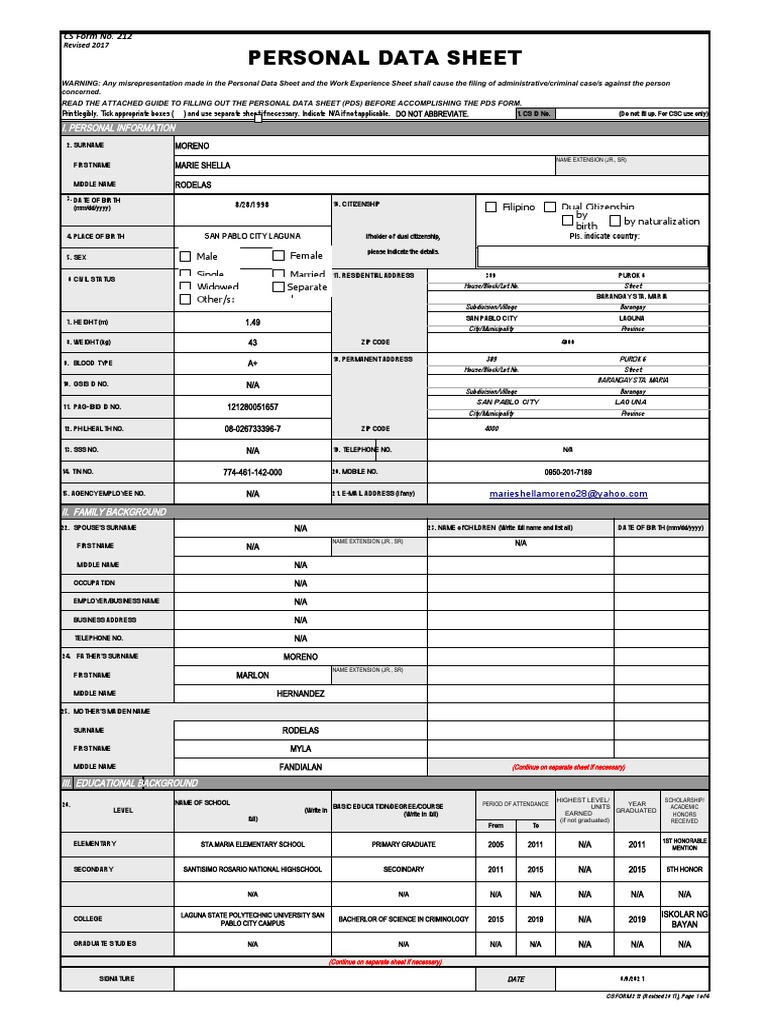 CS Form No. 212 Personal Data Sheet Revised | PDF | Justice | Crime ...