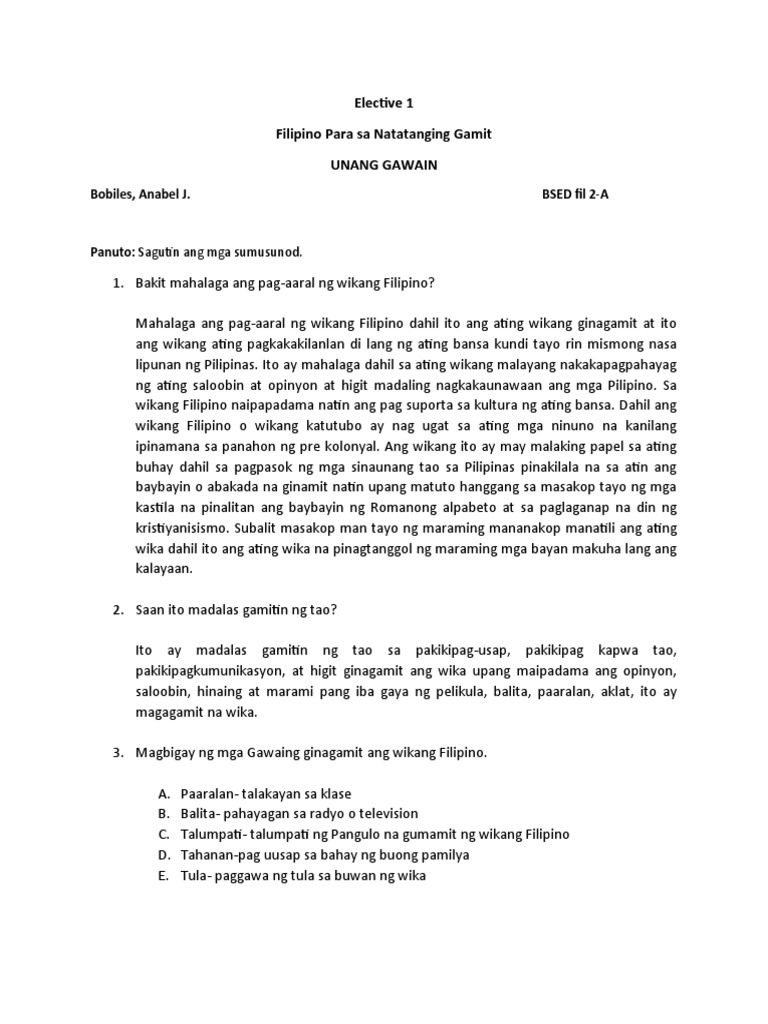 Elective 1 Filipino para Sa Natatanging Gamit. Bsed Fil 2-A Bobiles ...