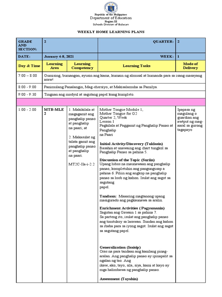 MTB - Q2 - W1 - Weekly Home Learning Plan | PDF