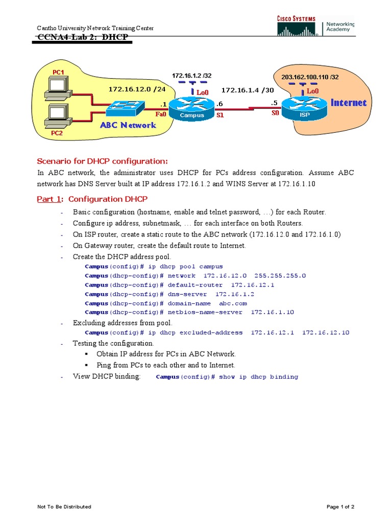 CCNA4-Lab 2: DHCP: Scenario For DHCP Configuration | PDF | Ip Address | Router (Computing)