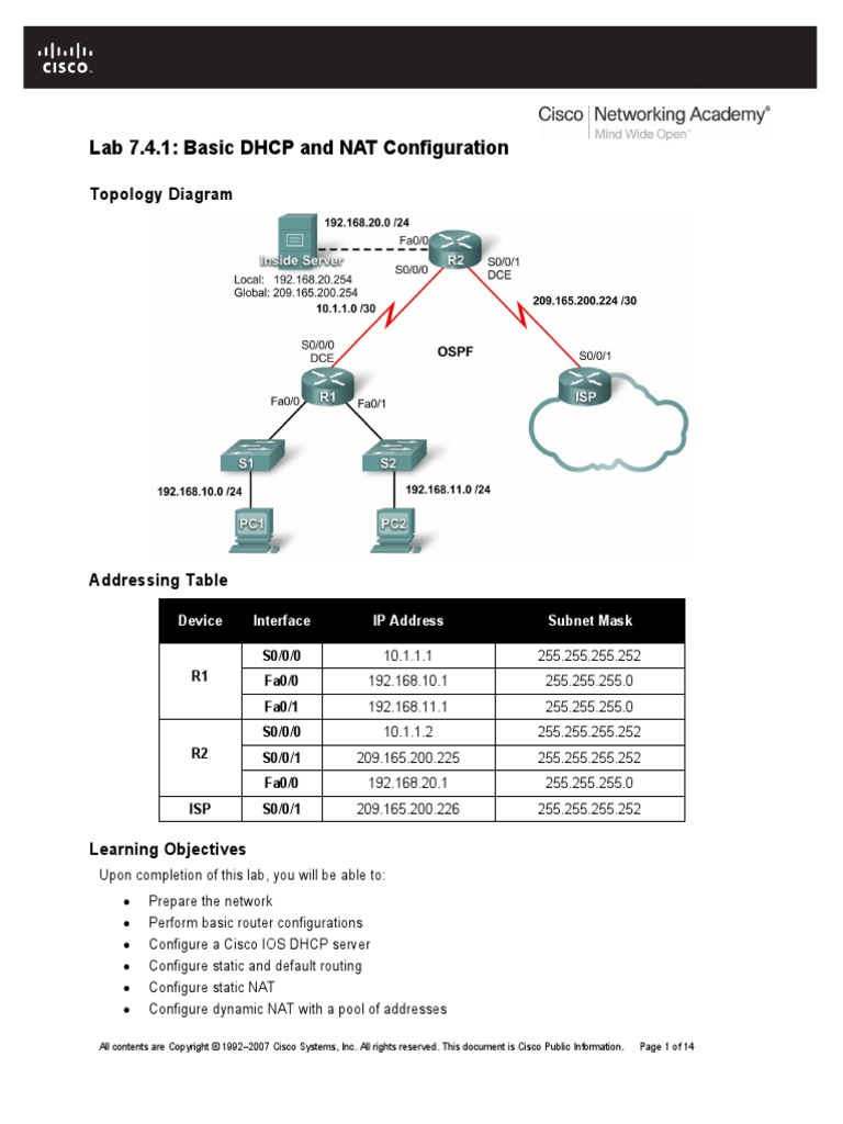 Lab 7.4.1: Basic DHCP and NAT Configuration: Topology Diagram | PDF | Ip Address | Router ...