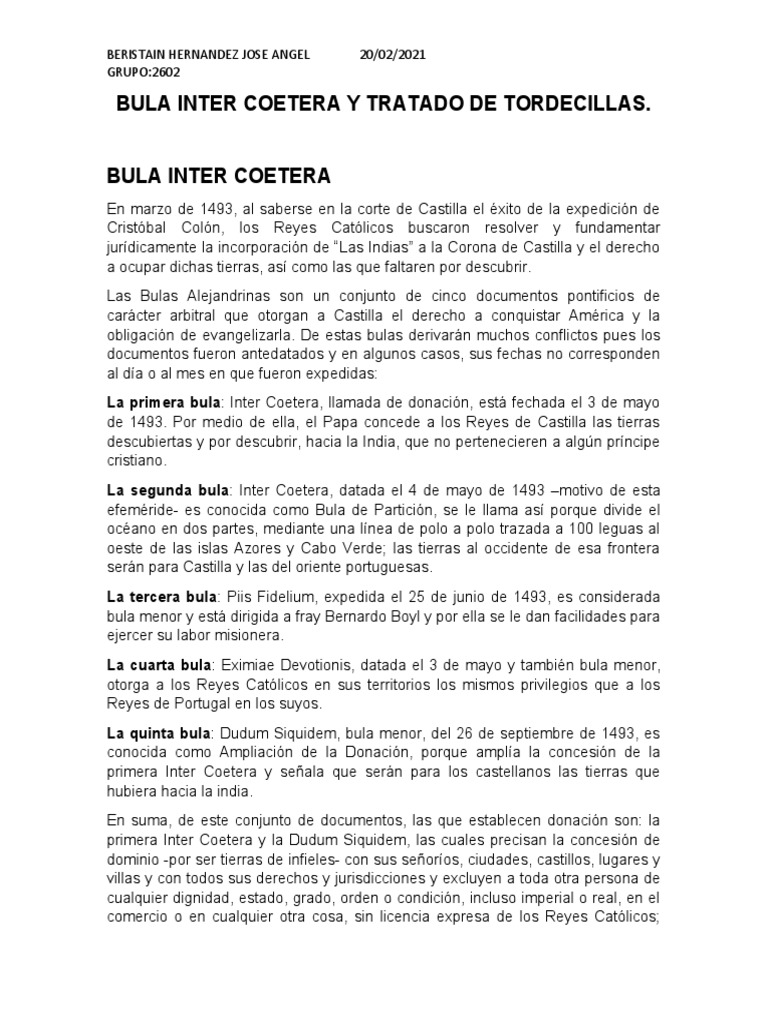 Bula Inter Coetera y Tratado de Tordecillas | PDF | Viajes por Europa ...