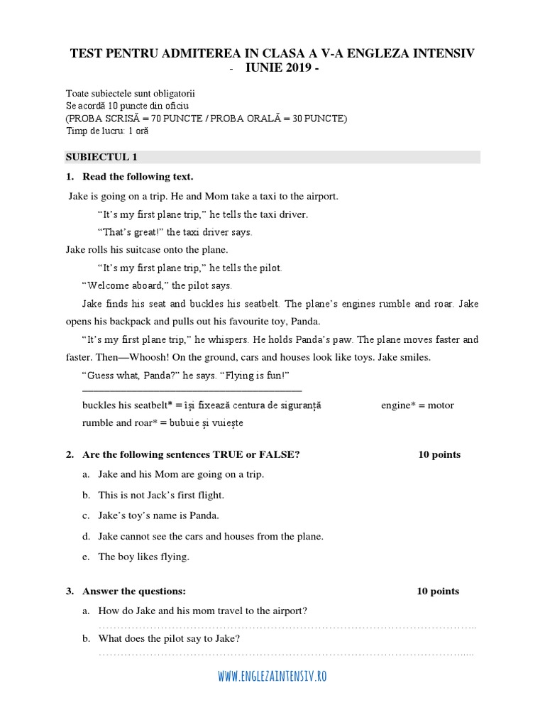 Test Pentru Admiterea in Clasa A V-A Engleza Intensiv: - IUNIE 2019 ...