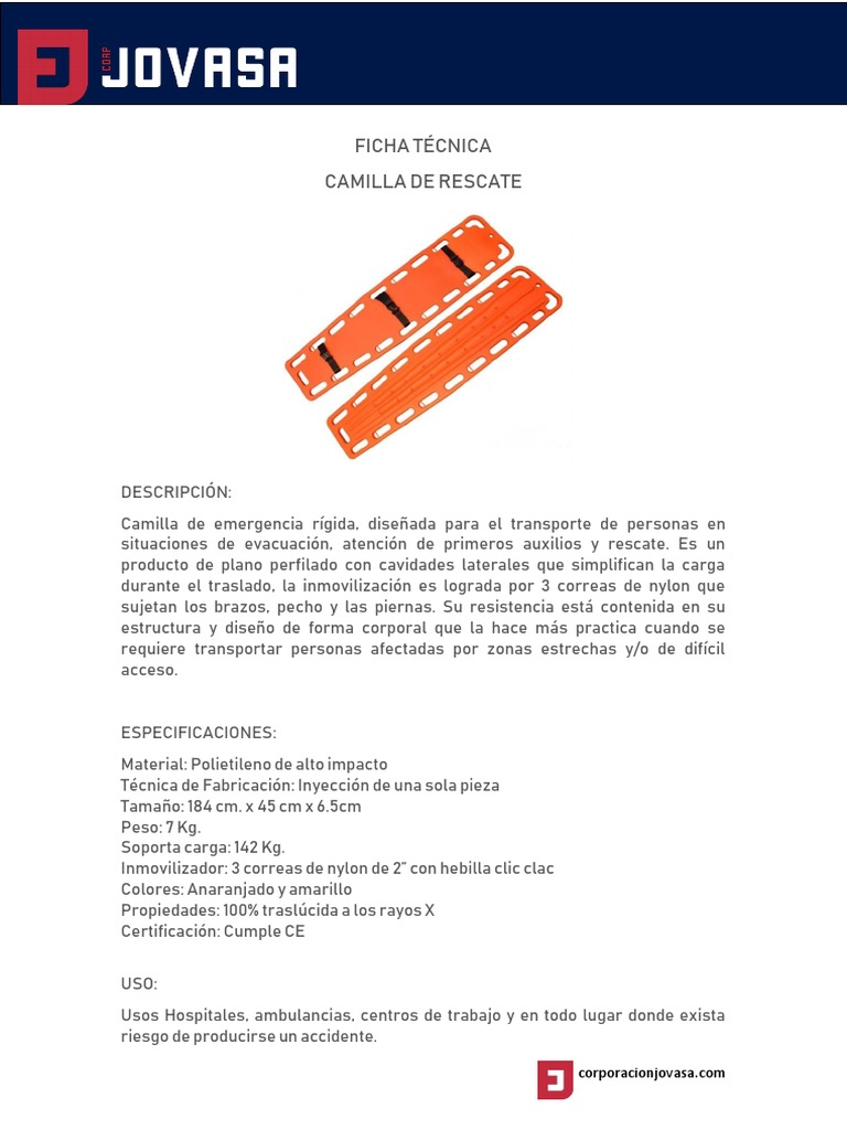 Ficha técnica de una camilla de rescate rígida y transportable diseñada para la evacuación y ...