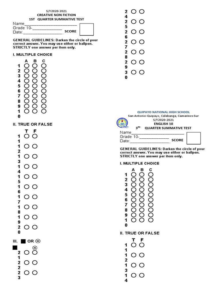 Answer Sheet | PDF | Multiple Choice | Schools