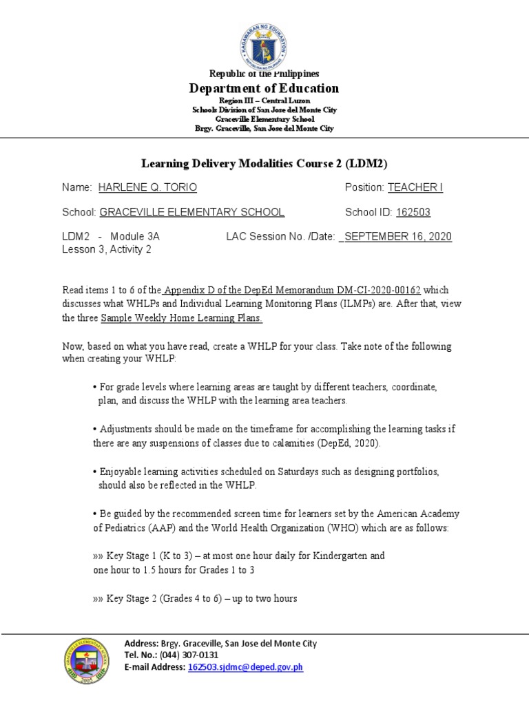 Module 3a Weekly Home Learning Plan Abad Ronabell O. | PDF | Schools ...