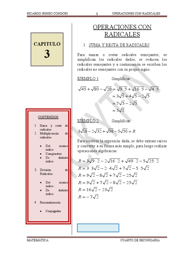 Operaciones Con Radicales | PDF | Multiplicación | Notación