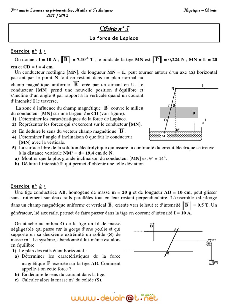 Série D'exercices N°5 - Sciences Physiques La Force de Laplace - 3ème Math (2011-2012) MR Adam ...
