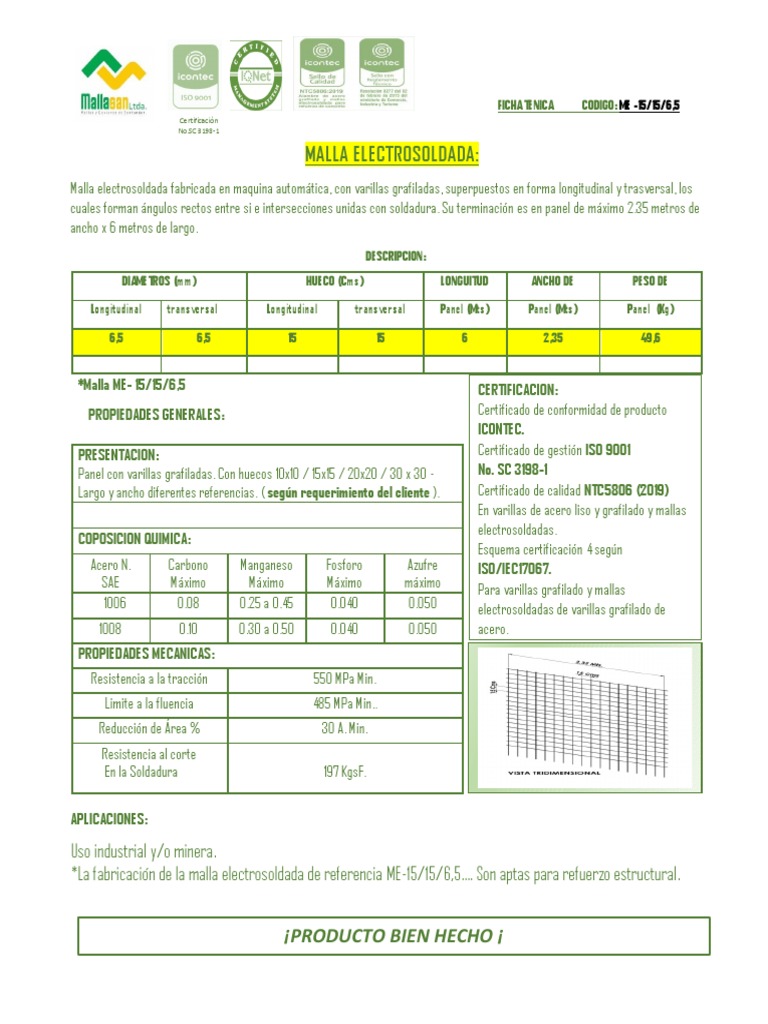 FICHA TECNICA DE MALLA ELECTROSOLDADA GRAFILADA15-15-6,5 Standart | PDF ...