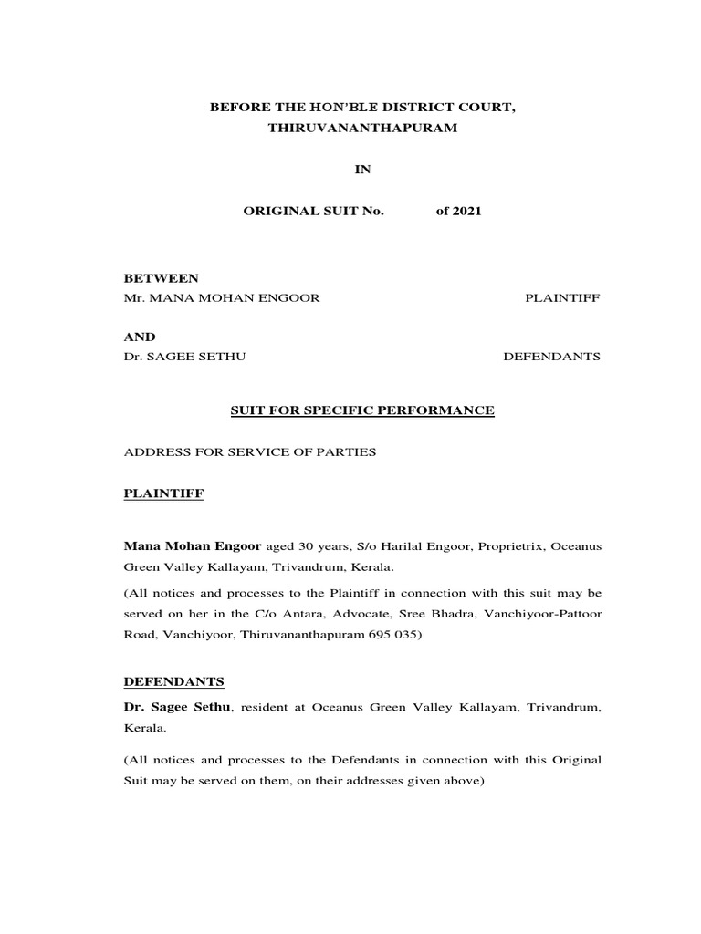 Suit For Specific Performance (Format) | PDF | Lawsuit | Valuation ...