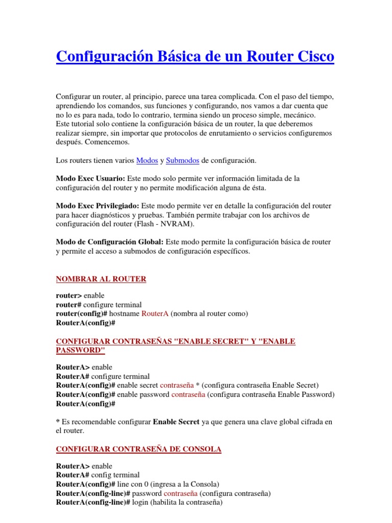 Configuración Básica de Un Router Cisco | PDF | Enrutador (Computación) | Contraseña