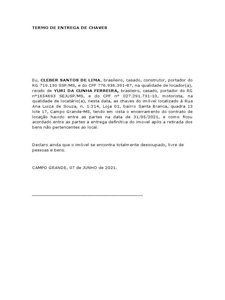Termo de Entrega de Chaves | PDF