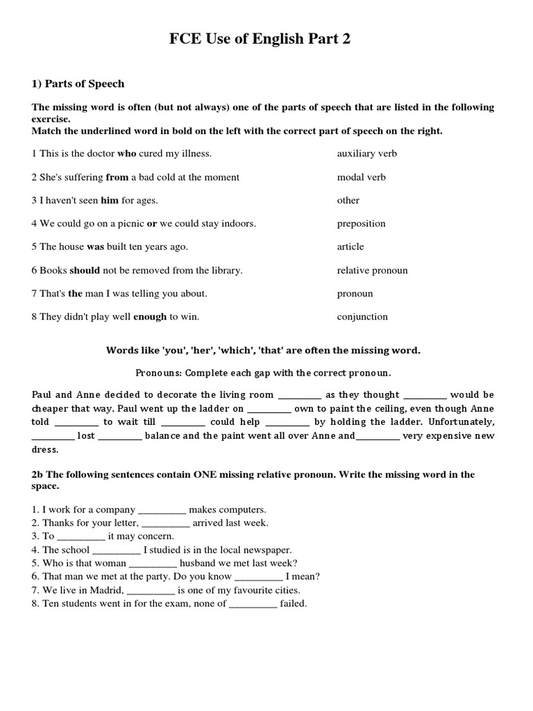 Part 2 FCE Exercises | PDF | Part Of Speech | Verb