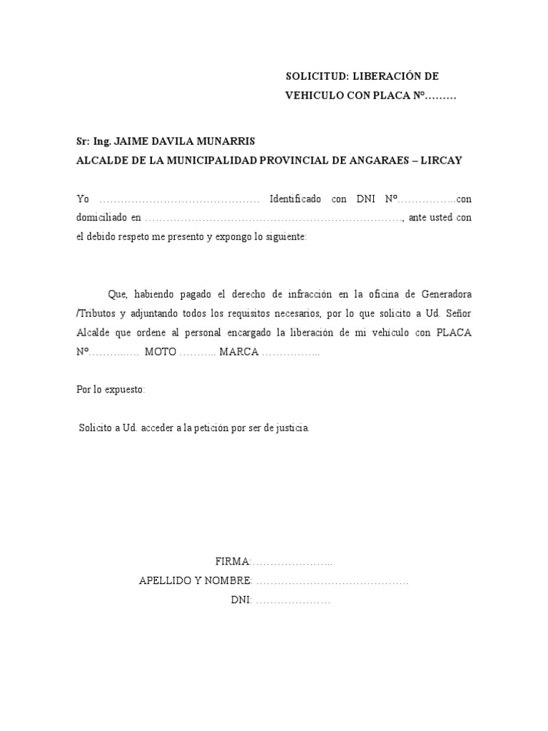 Modelo de Solicitus de Liberacion de Vehiculo | PDF Modelo de Solicitus de Liberacion de Vehiculo | PDF