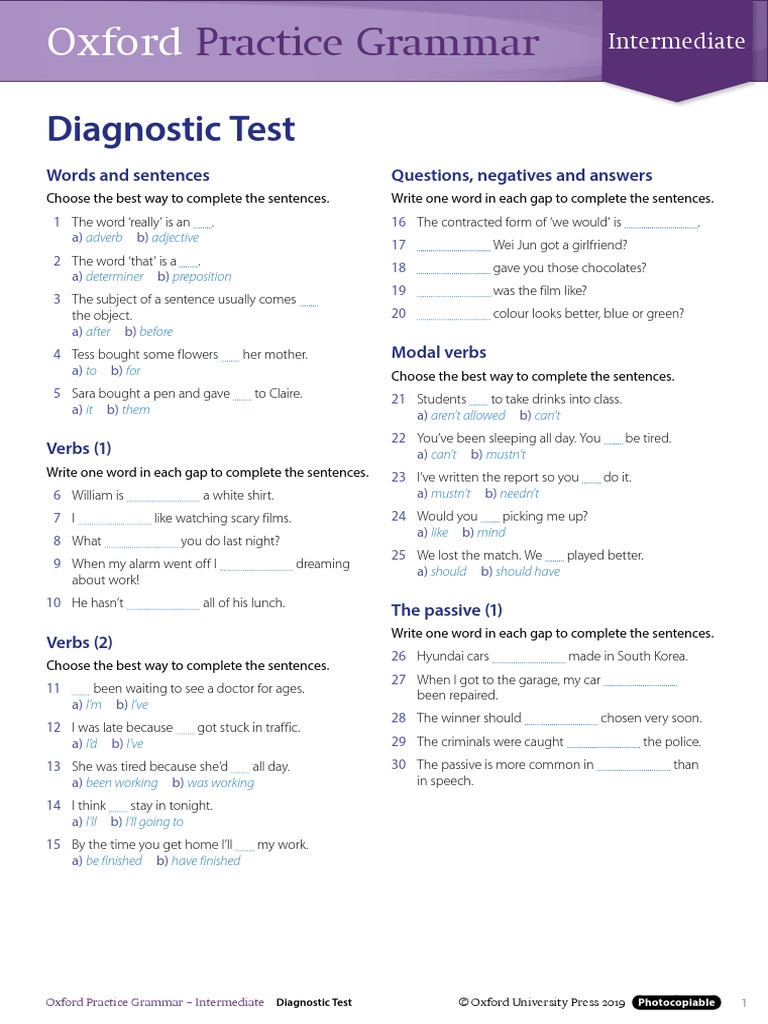Diagnostic Test: Intermediate | PDF | Adverb | Verb