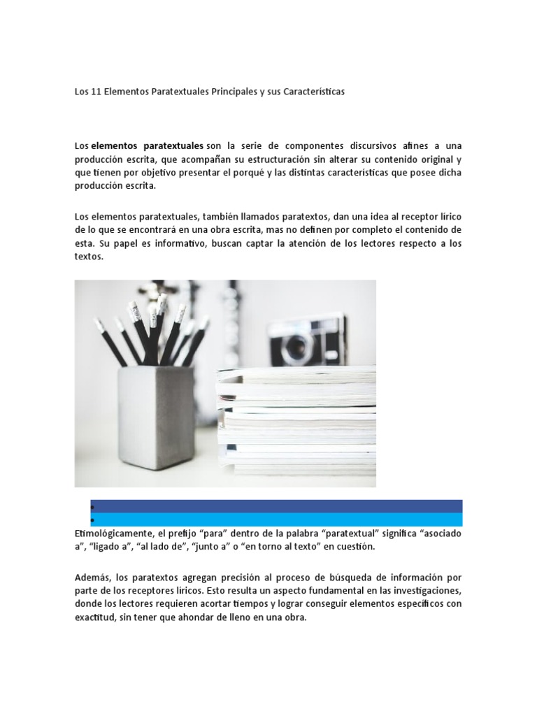 Los 11 Elementos Paratextuales Principales y sus Características | PDF ...