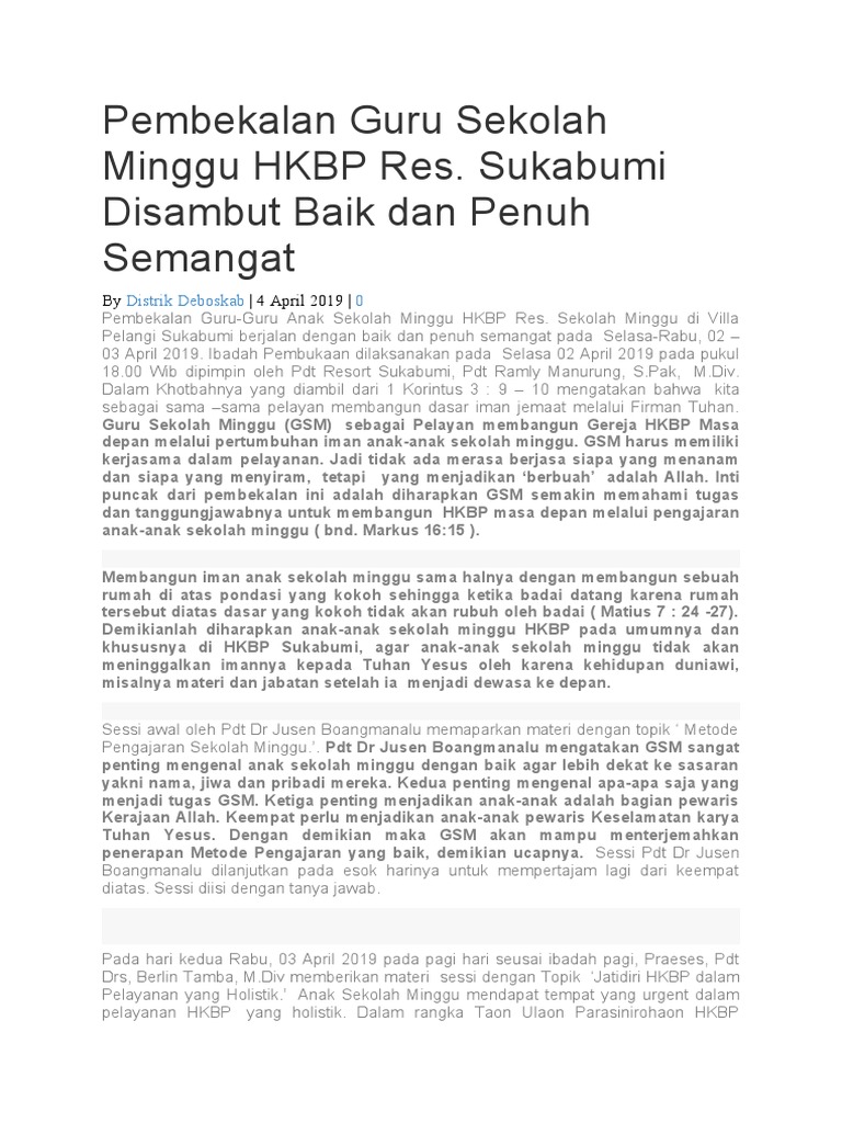 Berita Pembekalan Guru Sekolah Minggu HKBP | PDF