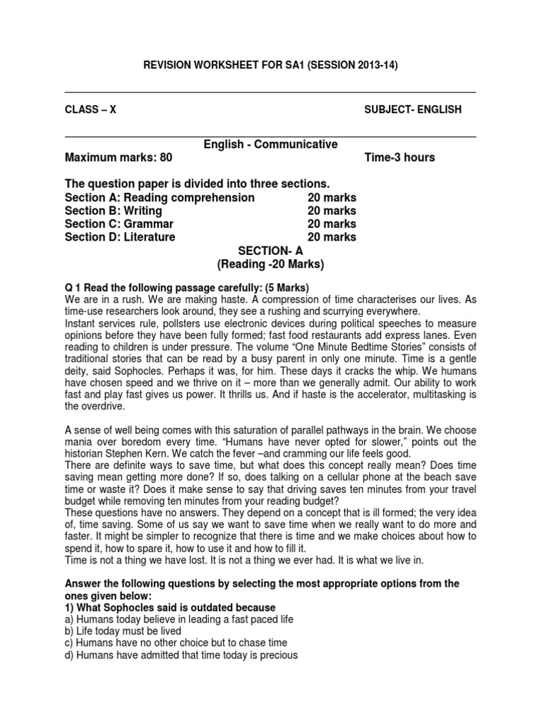 CBSE Class 10 English Worksheet - Revision | PDF | India–Pakistan ...