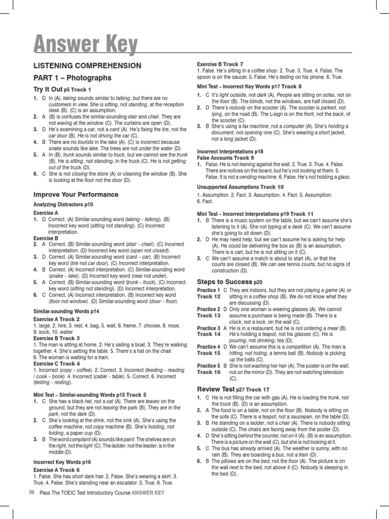 Answer Key: Listening Comprehension PART 1 - Photographs | PDF | Question | Verb