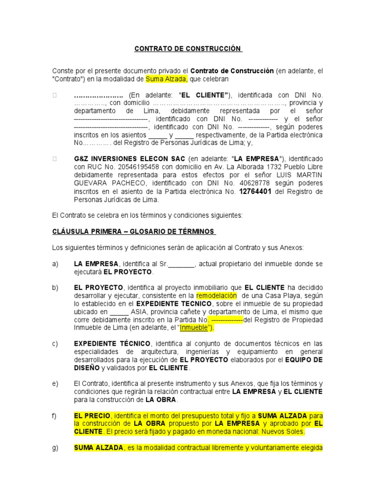 Modelo De Contrato Para Empresa Constructora